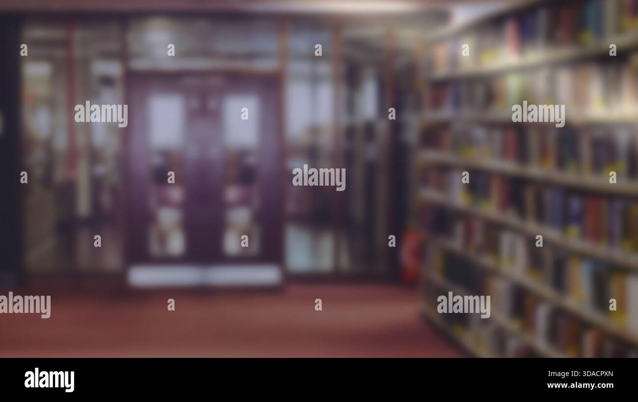 Double wooden doors are standing in flat library aisle for education ...