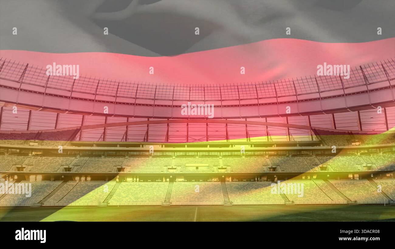 Football stadium is being shown in flat, with green pitch, seating ...
