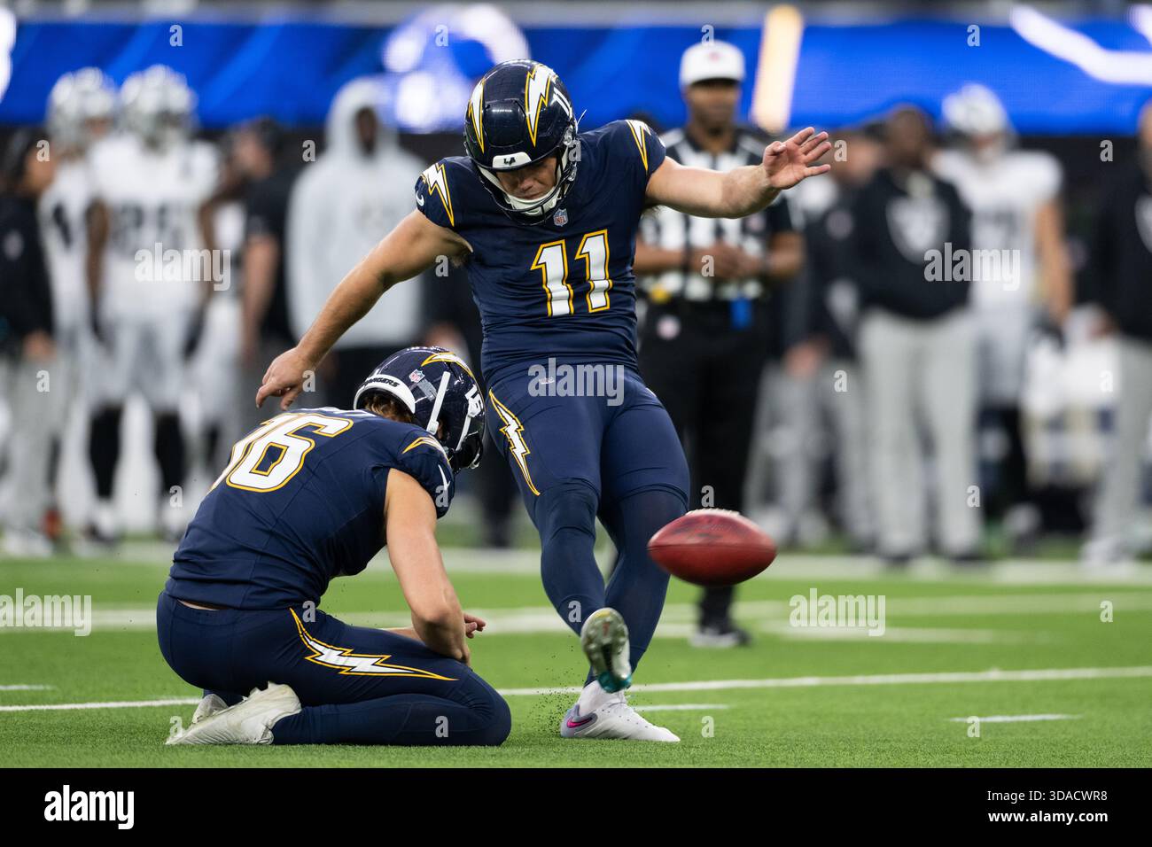 Los Angeles Chargers place kicker Cameron Dicker (11) kicks during an ...