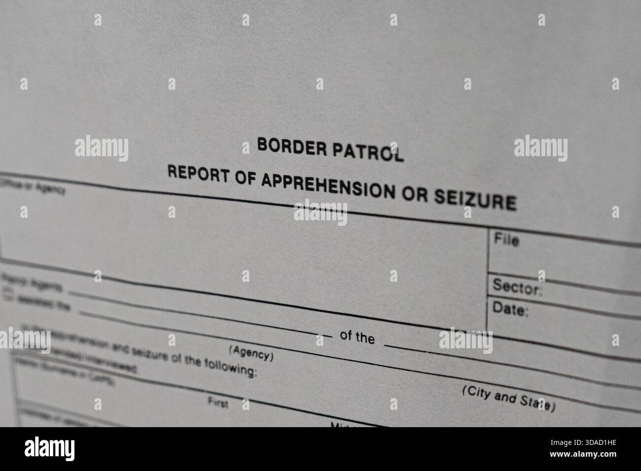 Close view of a blank Border Patrol report of apprehension or seizure ...