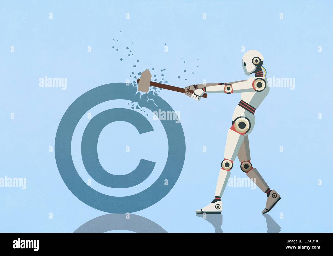 Humanoid robot with sledgehammer breaking large copyright symbol ...