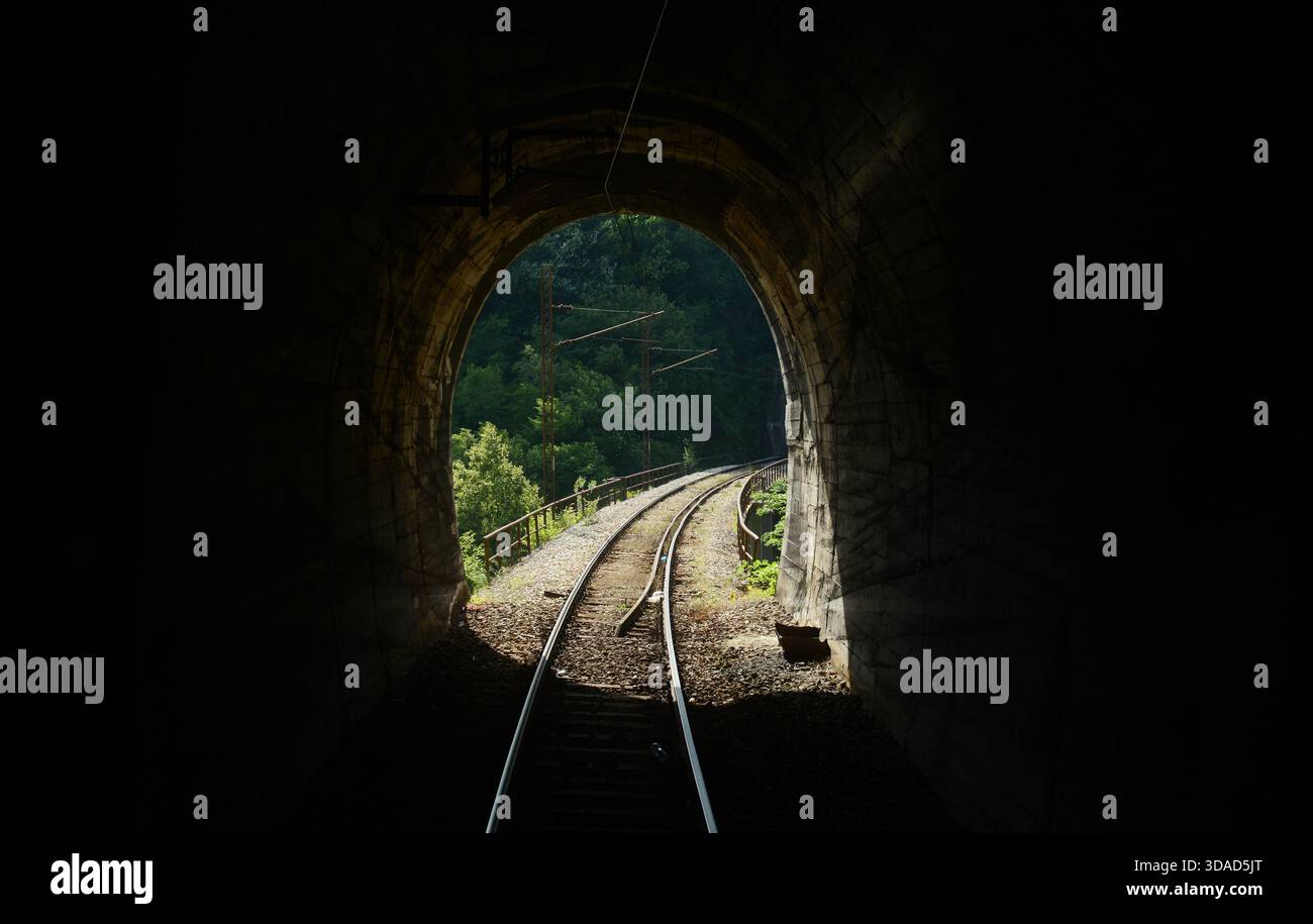 Entering or leaving tunnel with railway tracks and trees and dark walls ...