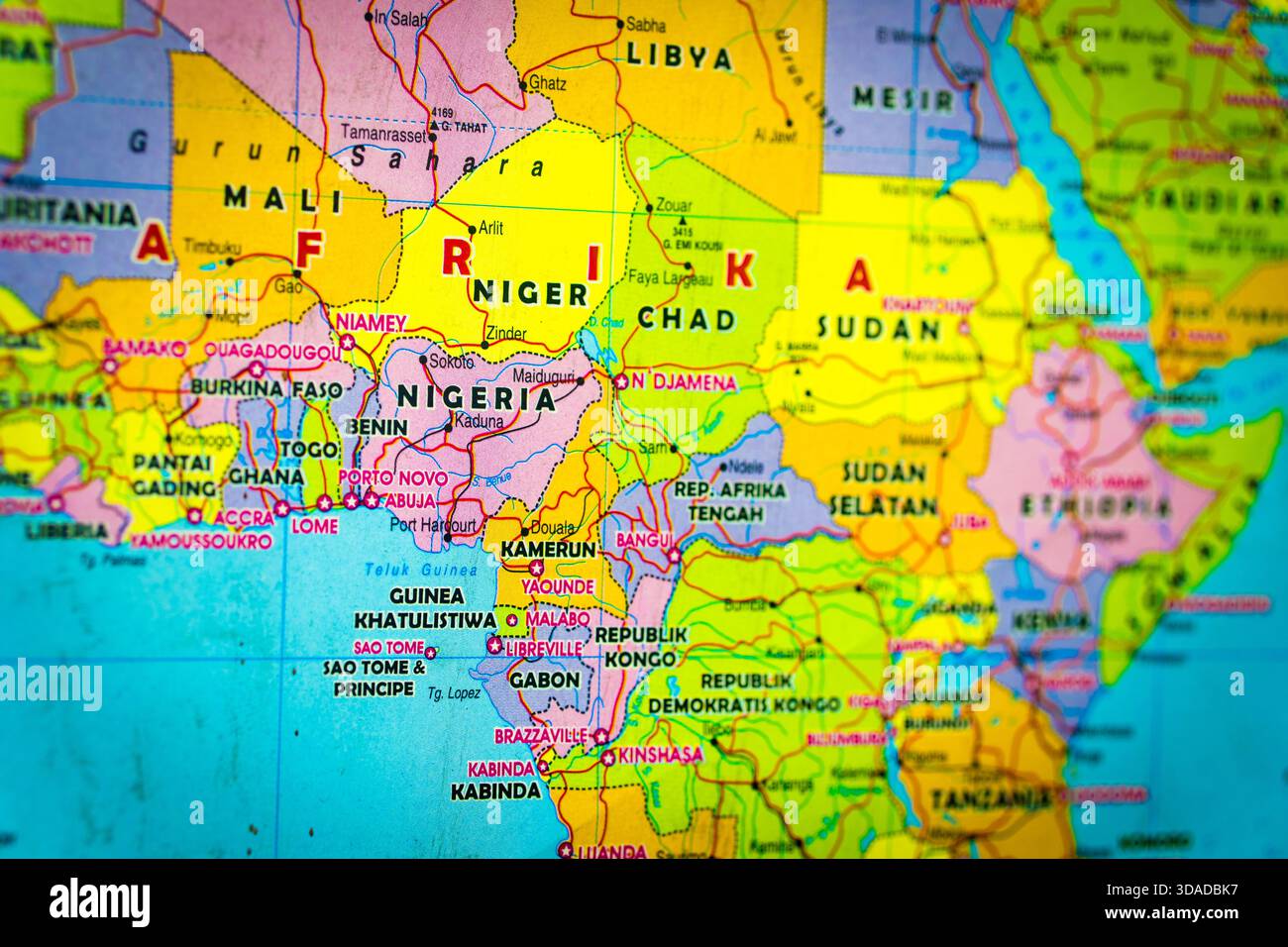 Close-up view of a detailed world map centered on West and Central ...