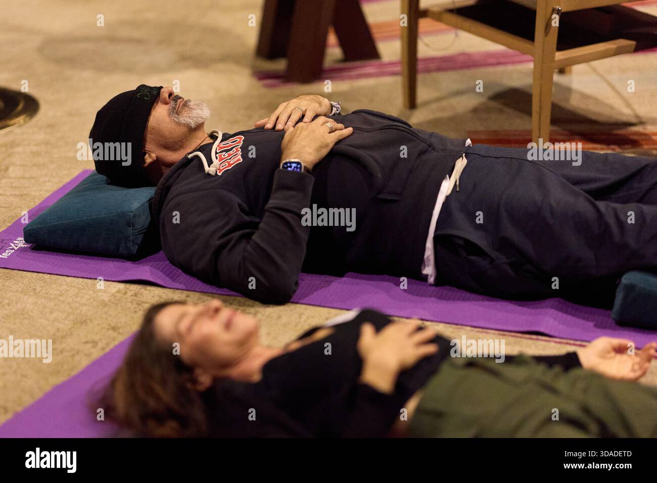 Rabbi Jonathan Aaron participates in a sound bath at Temple Emanuel ...