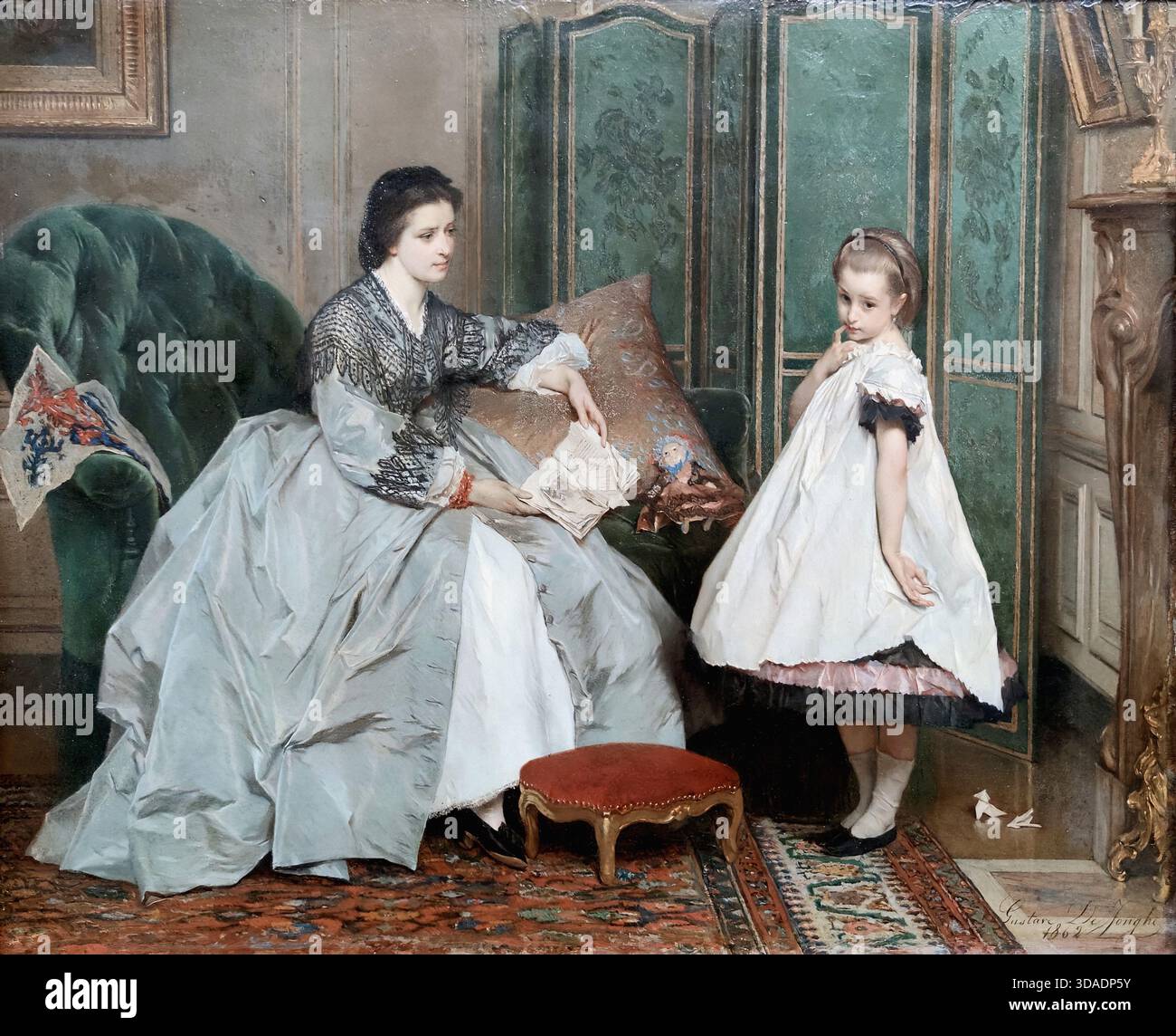 Gustave Leonhard De Jonghe - the Lesson, Mother and Her Daughter in a ...