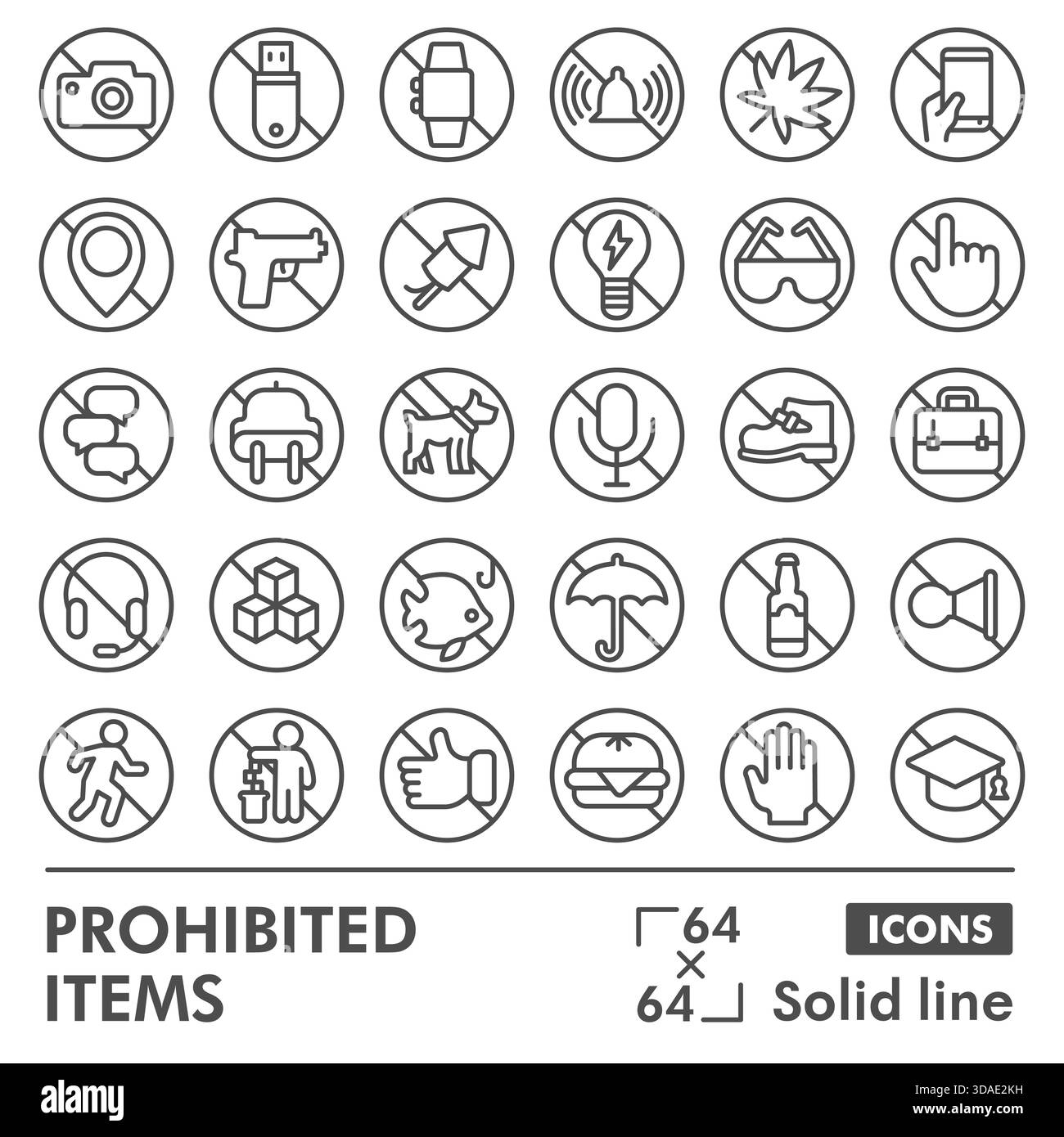 Banned activity solid line icon set, prohibited items symbols ...