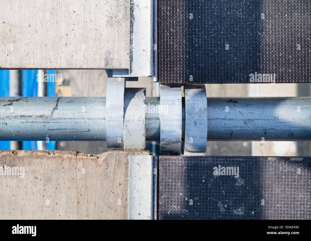 Scaffolding steel plank with wedge connection. Top view of ringlock ...