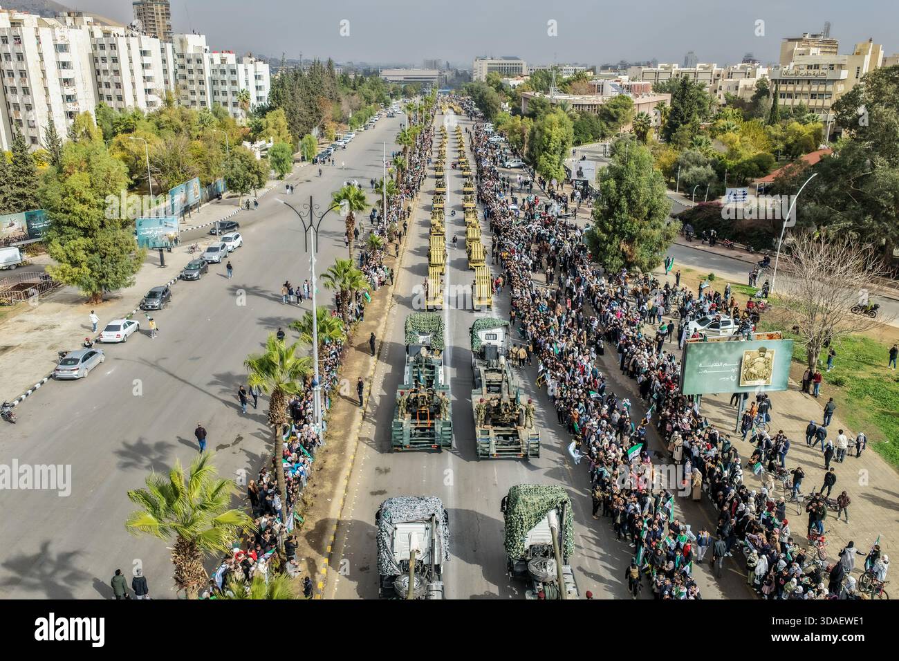 Damascus, Syria – December 08, 2025: Top view of a military parade by ...