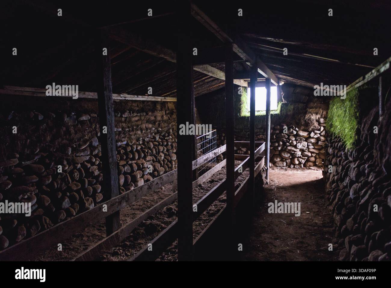 Interior of old turf sheephouse of Hjardarhagi farm in eastern Iceland ...