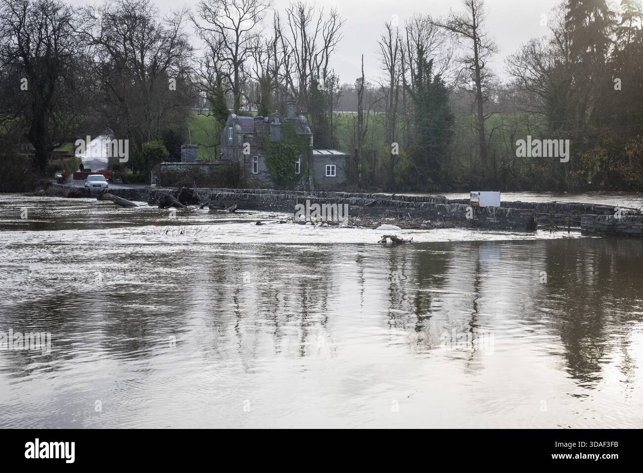 CARDIGAN, UK - 10 Dec 2025: Flooding at the 17th-century Llechryd ...