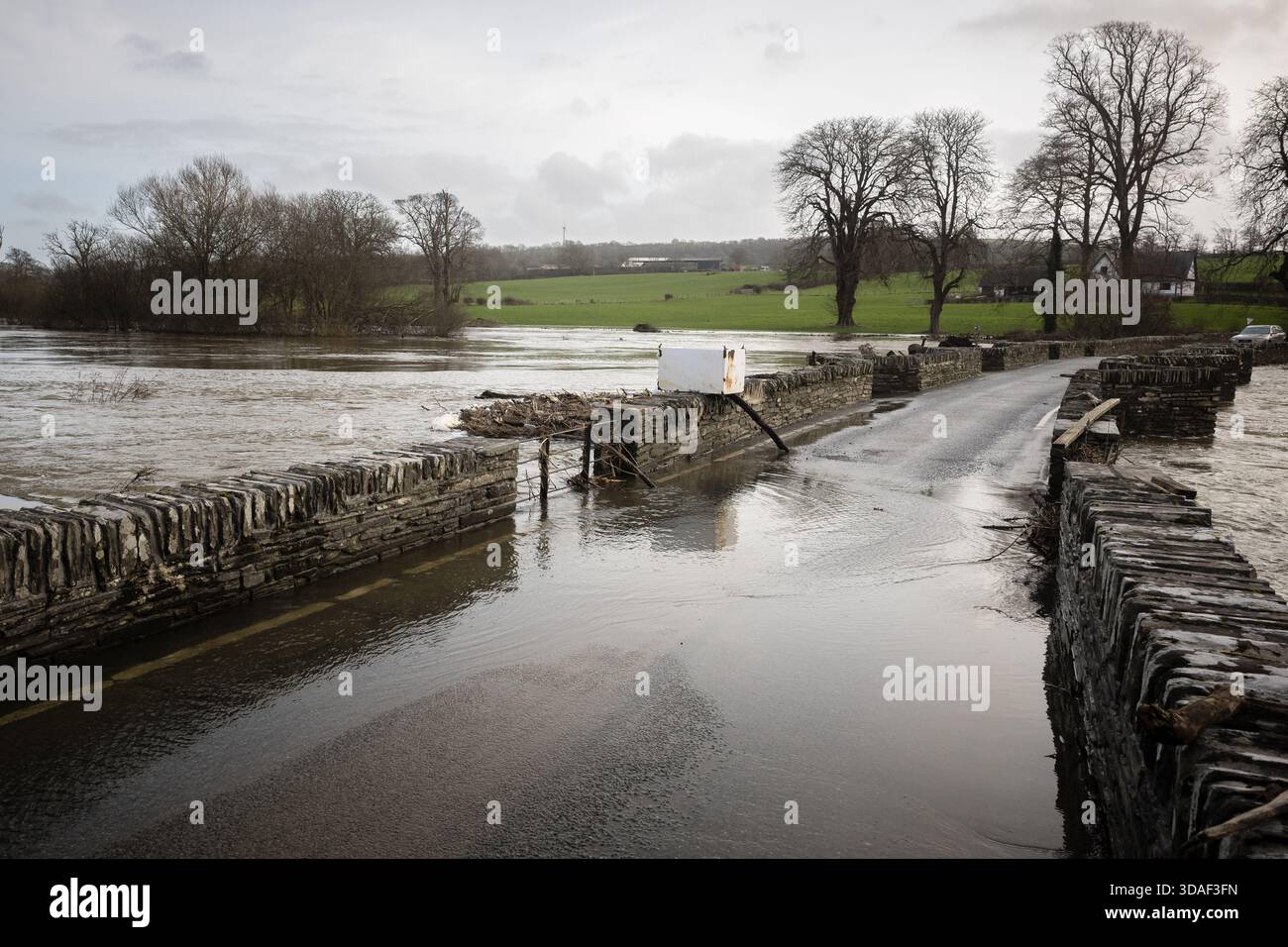 CARDIGAN, UK - 10 Dec 2025: Flooding at the 17th-century Llechryd ...