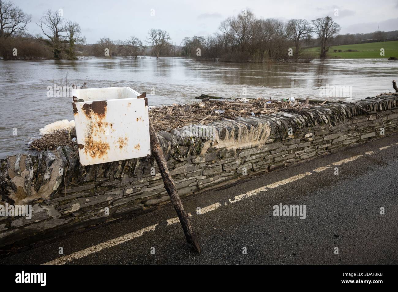 CARDIGAN, UK - 10 Dec 2025: Flooding at the 17th-century Llechryd ...