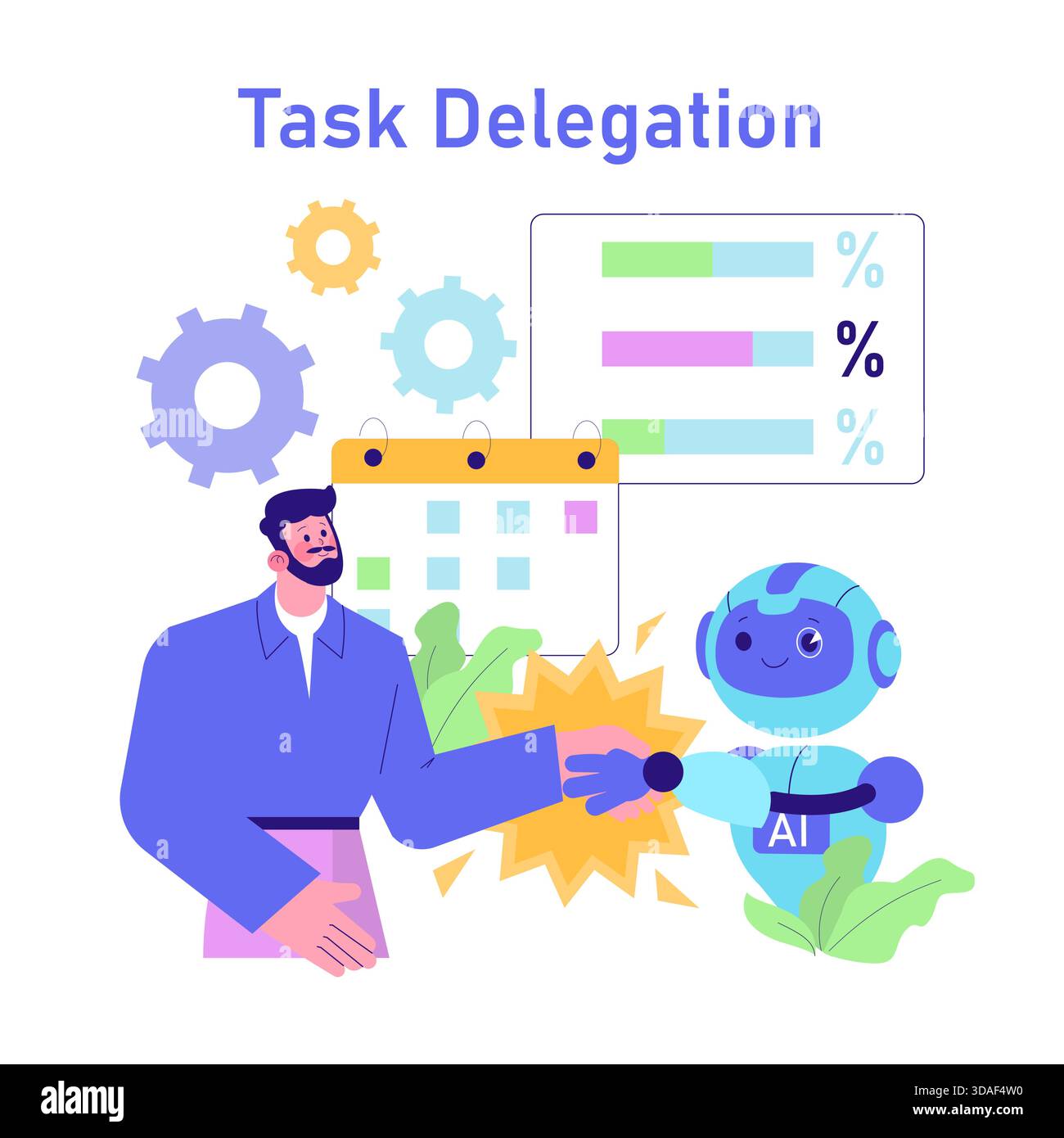 Vector illustration of a man and robot shaking hands symbolizing task ...