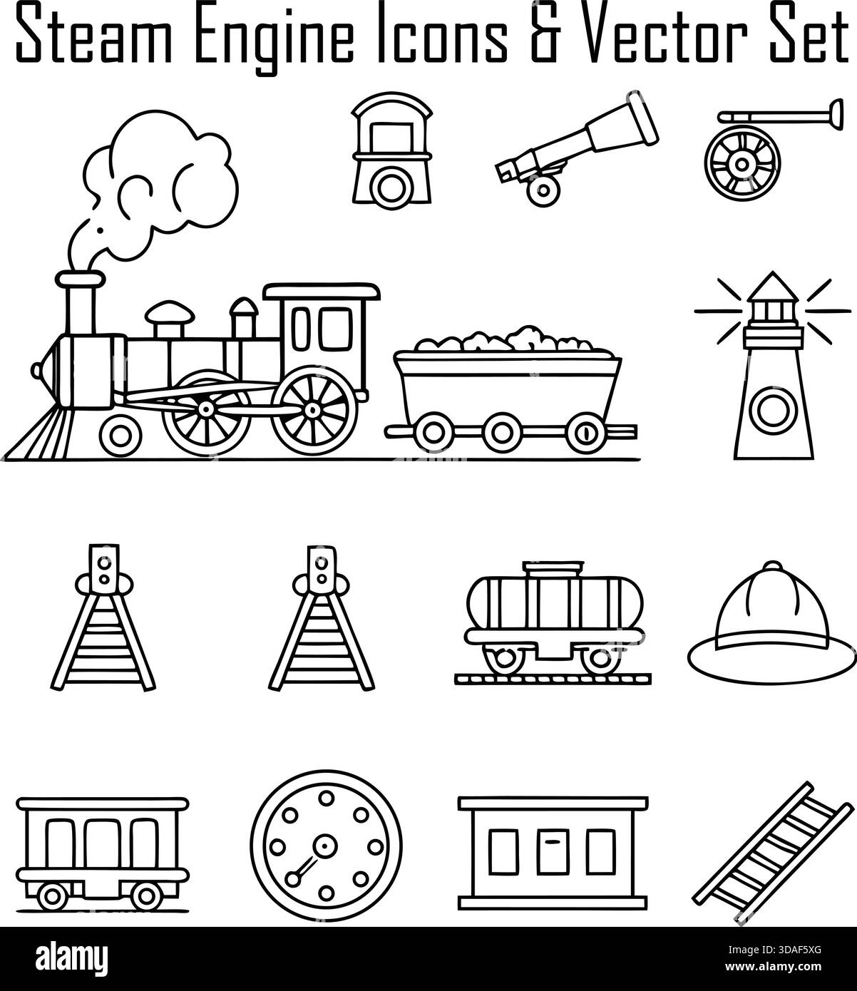 Steam Engine Icons Set – Vintage Train Vector Illustration, Industrial ...