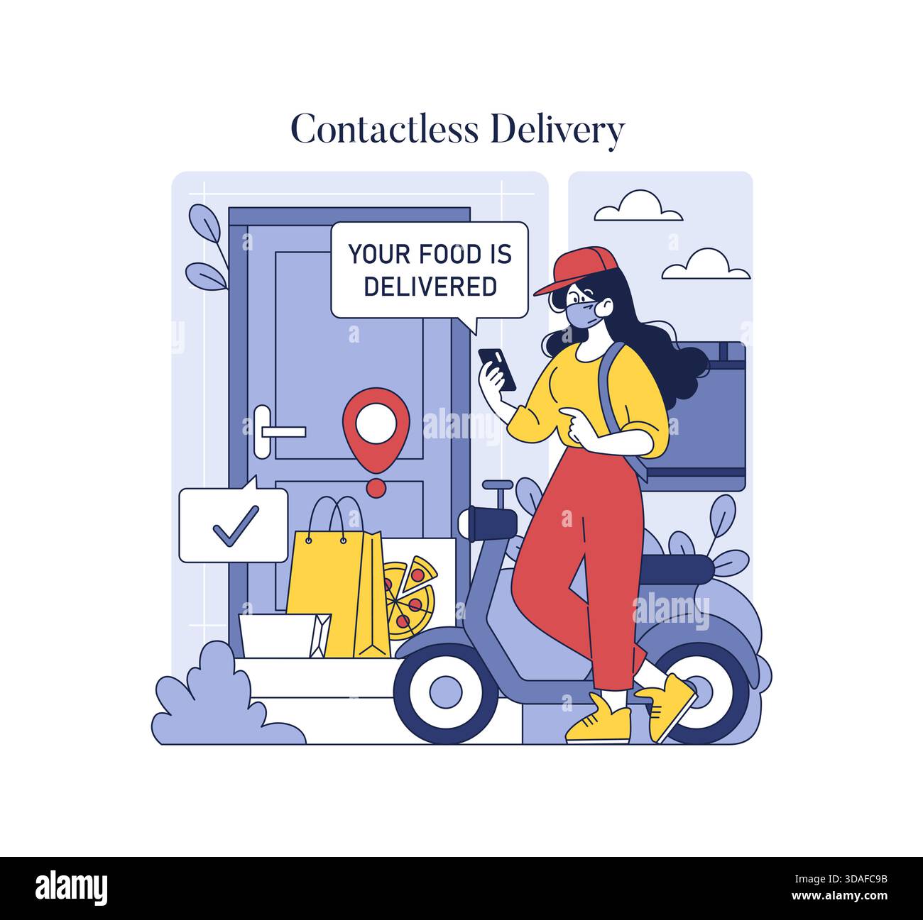 Contactless food delivery vector illustration shows a masked courier ...