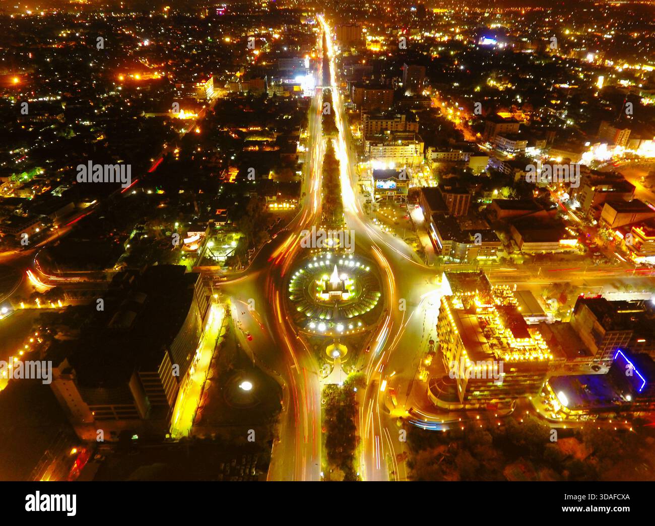 Aerial view of the glowing Liberty Market roundabout, a vibrant hub of ...