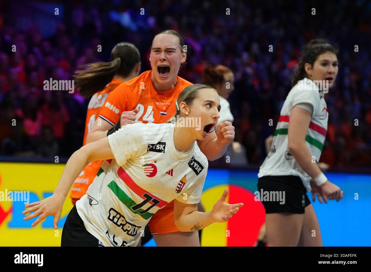 Hungary's Petra Simon, front, reacts after missing a chance to score ...