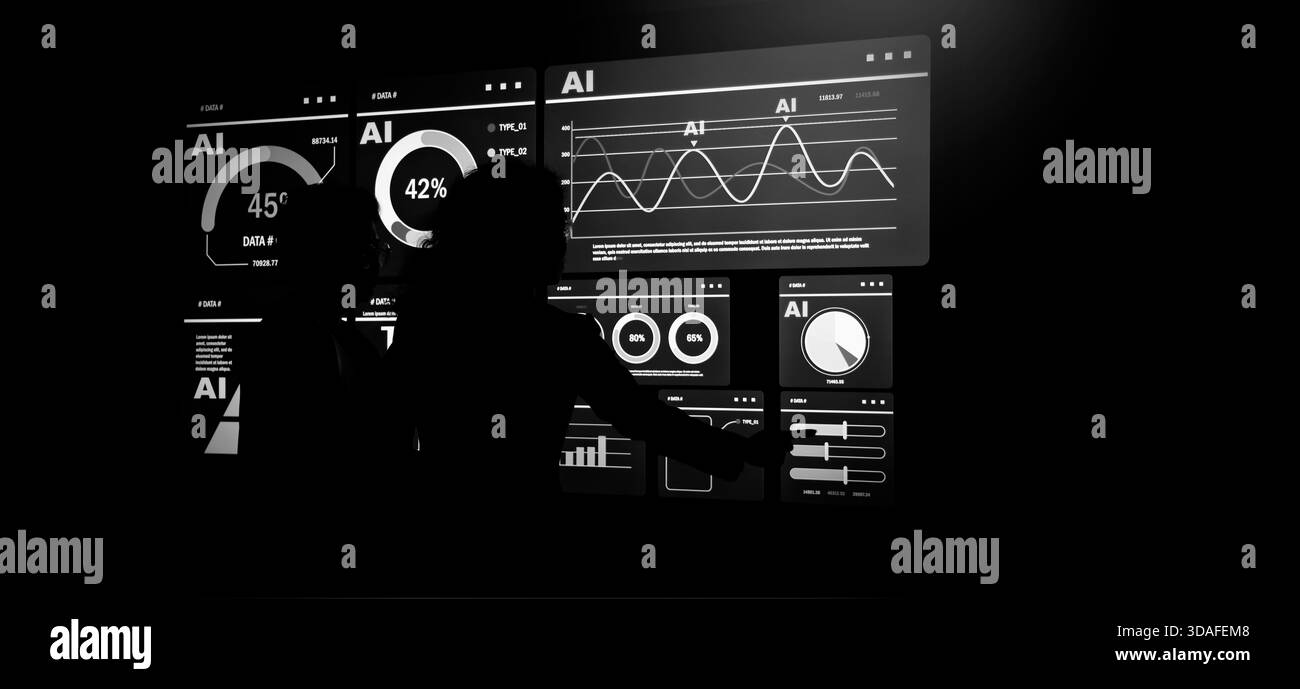 AI Using. Silhouetted analysts interact with a large AI data. AI ...
