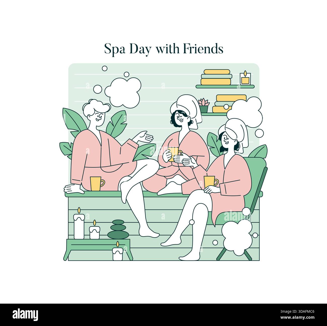 Vector illustration of three friends relaxing during a spa day. They ...