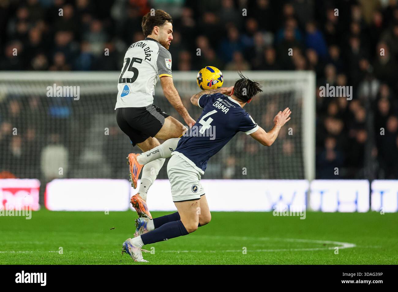 25, Ben Brereton Díaz of Derby County & 4, Tristan Crama of Millwall FC ...