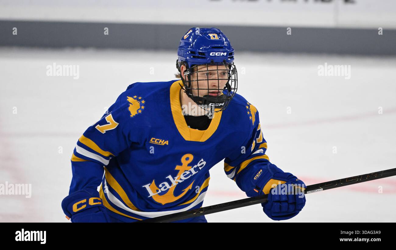Lake Superior State forward Luke Levandowski skates to the puck against ...