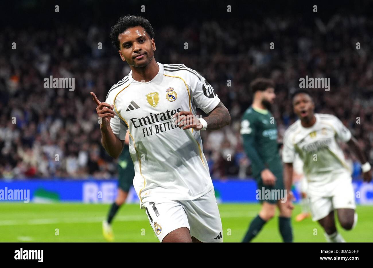 Real Madrid's Rodrygo celebrates scoring their side's first goal of the ...