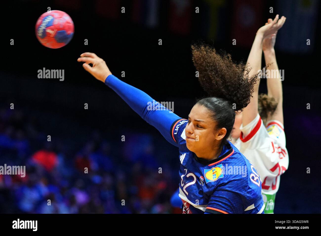 Sarah Bouktit of France, front, tries to score as Kristina Jorgensen of ...
