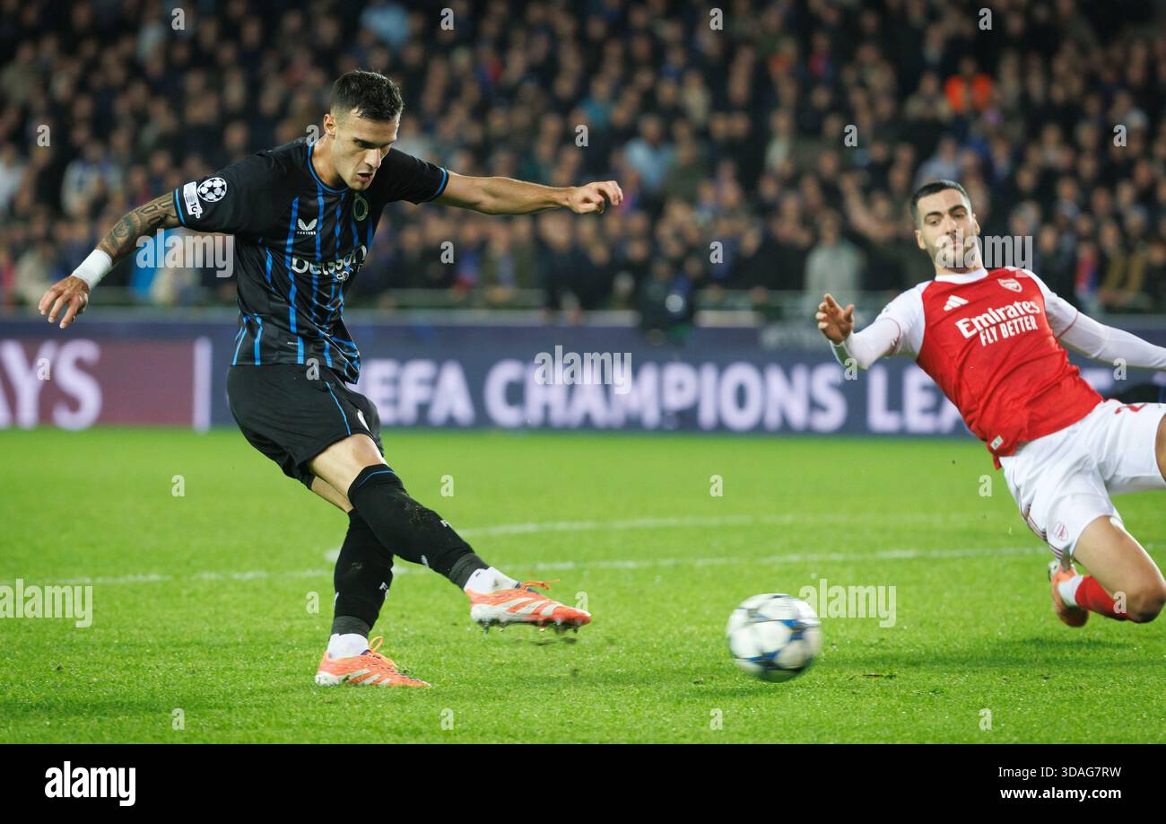 Club Brugge's Aleksandar Stankovic attempts a shot on goal during the ...