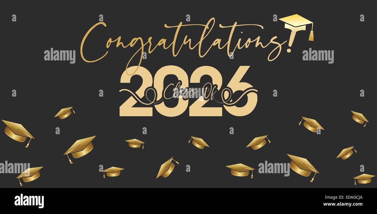 Festive Class of 2026 banner featuring gold typography, cap, and ...