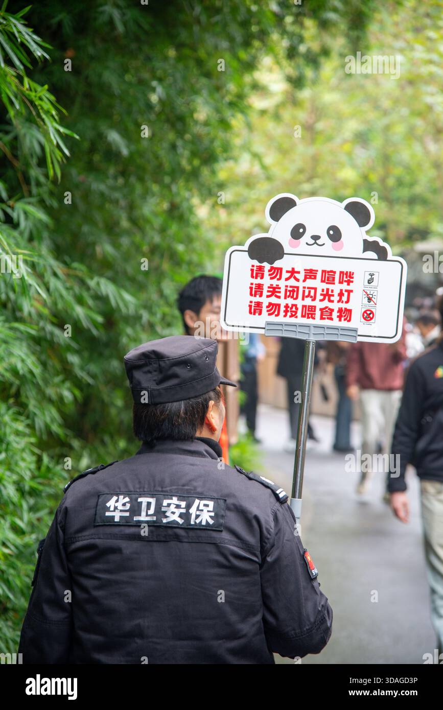 guard with warning signs at research base of giant panda breeding in ...