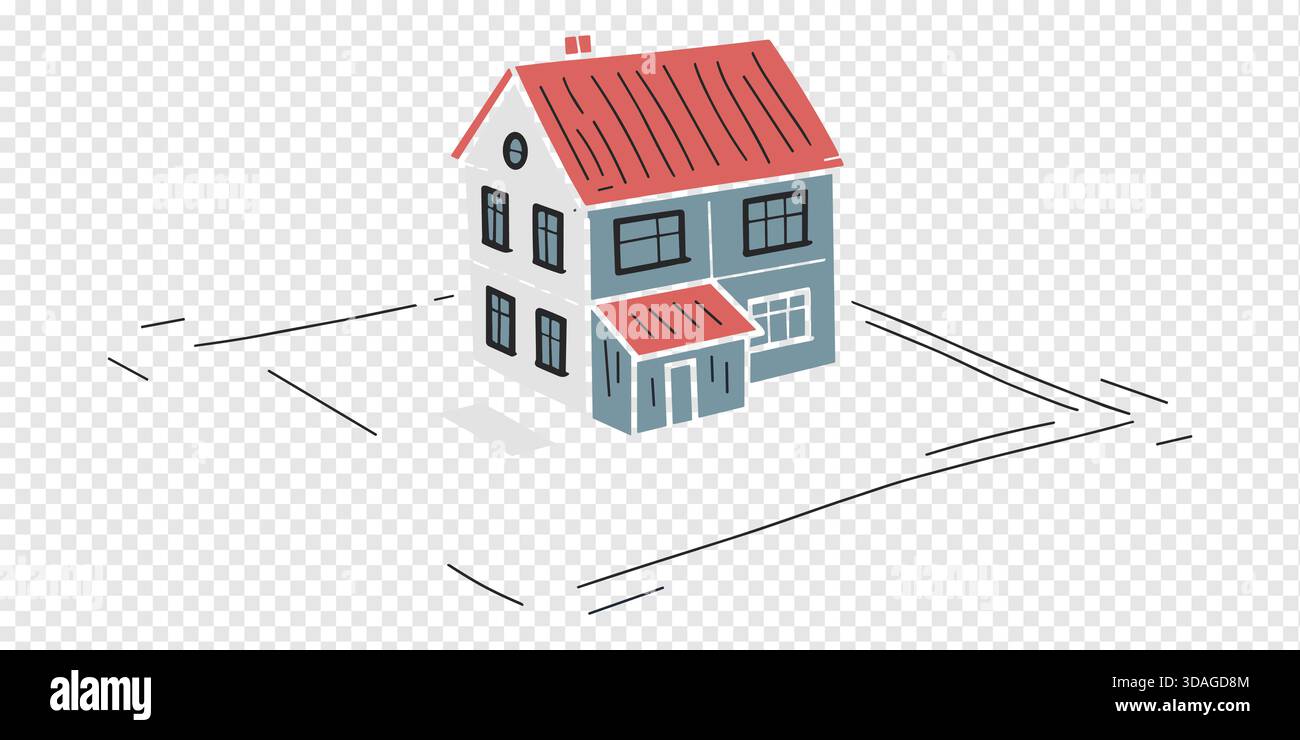 Isometric Two-Story House with Red Roof and Property Lines on ...
