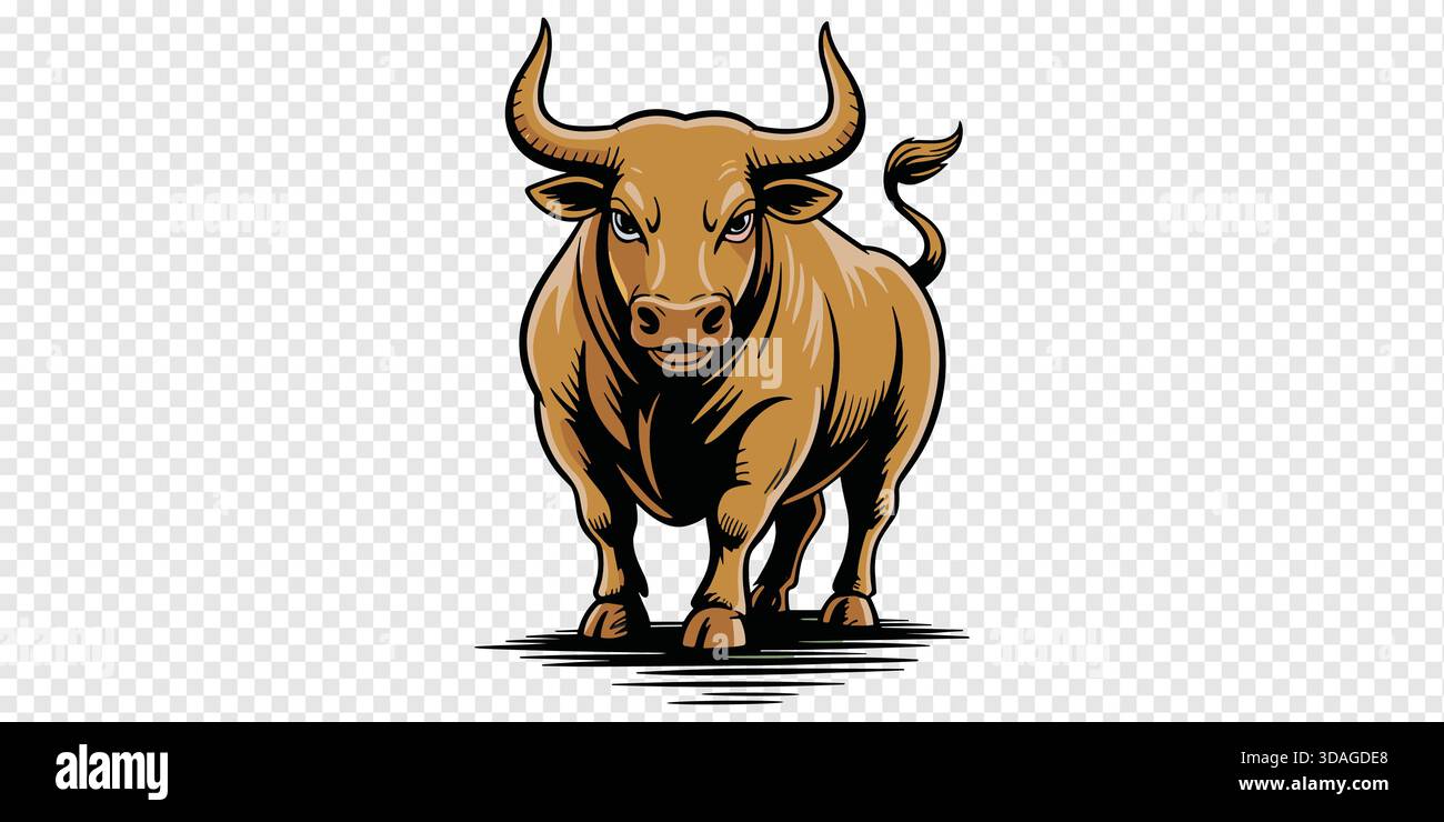 Cartoon Bull Vector Illustration on Transparent Background, Logo Style ...