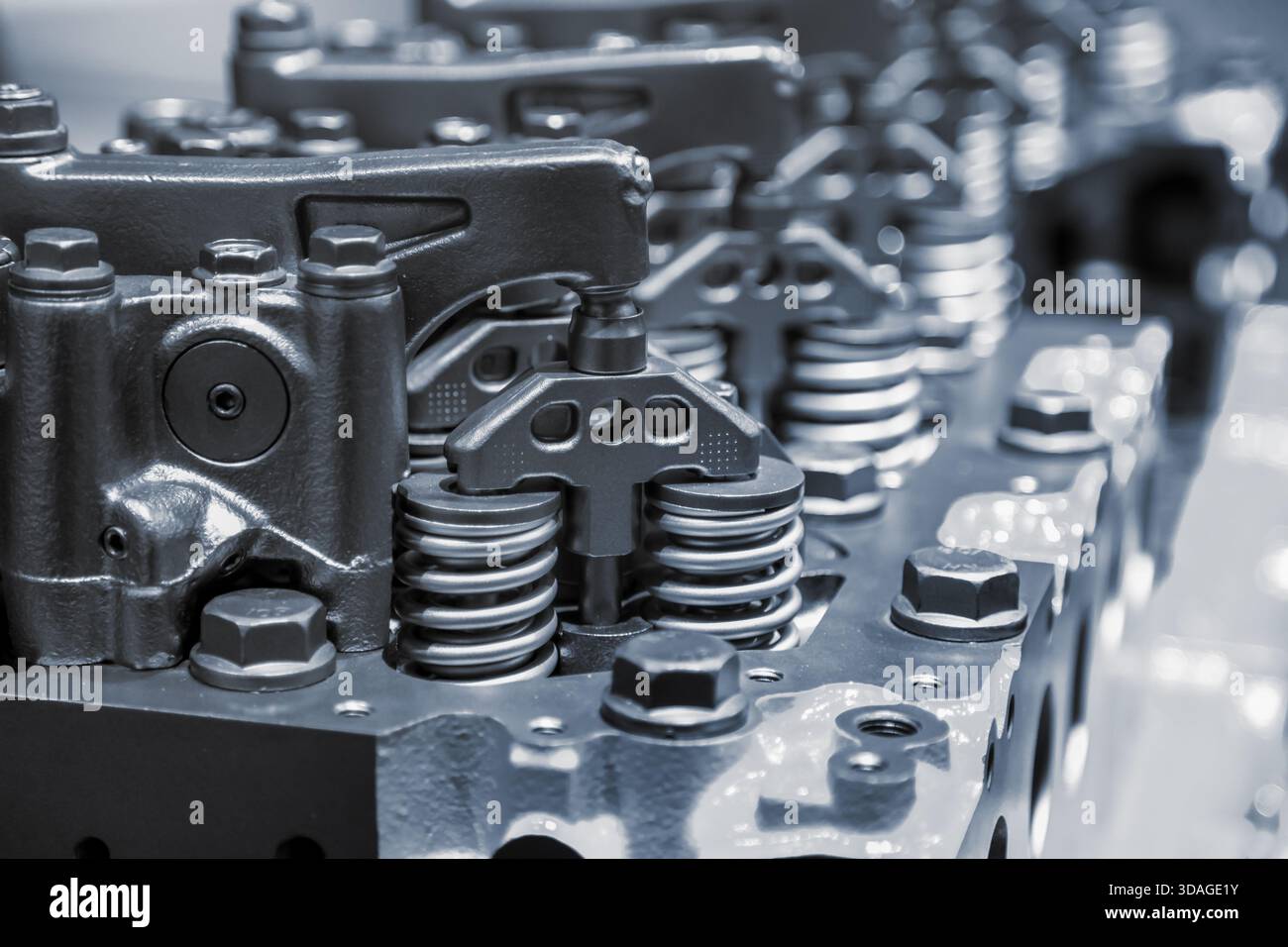 A large truck engine cylinder head with springs and rocker arms Stock ...