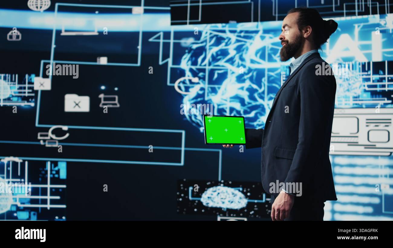 Surrounded by modern AI brain animation, entrepreneur explores virtual ...