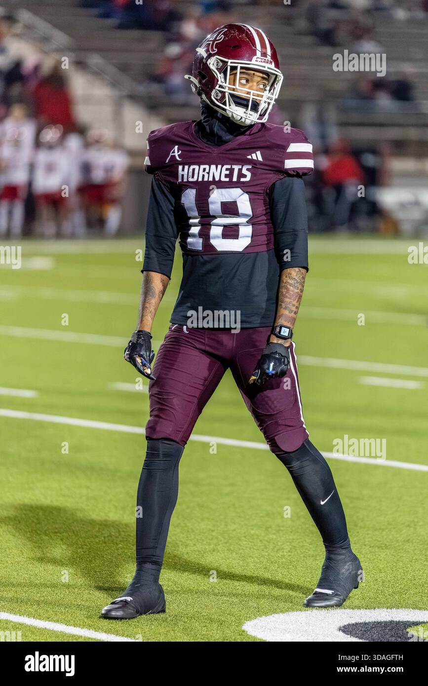 Tyler, TX USA: Athens Hornets wide receiver Emanuel Moore (18) lines up ...