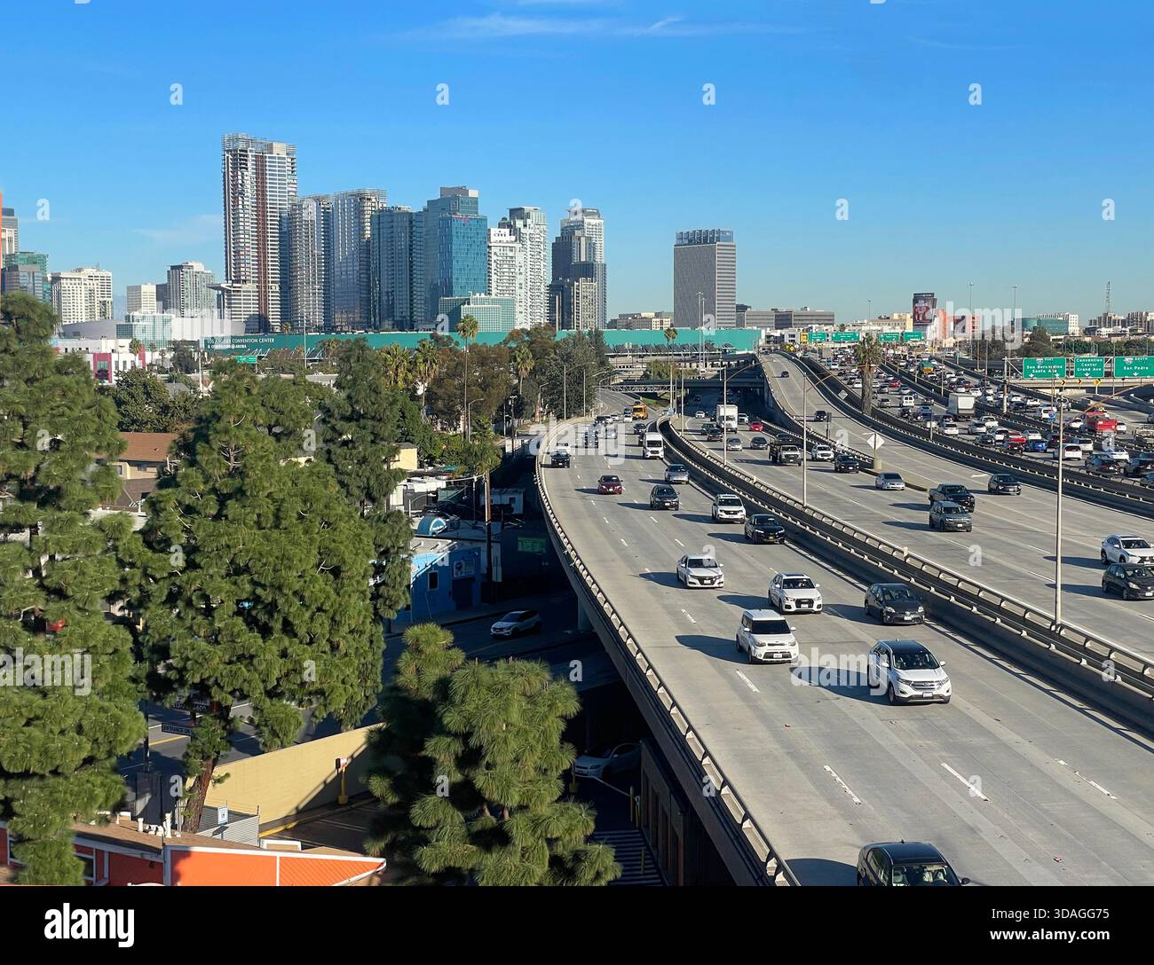 The Downtown Los Angeles skyline and Santa Monica Freeway looking east ...