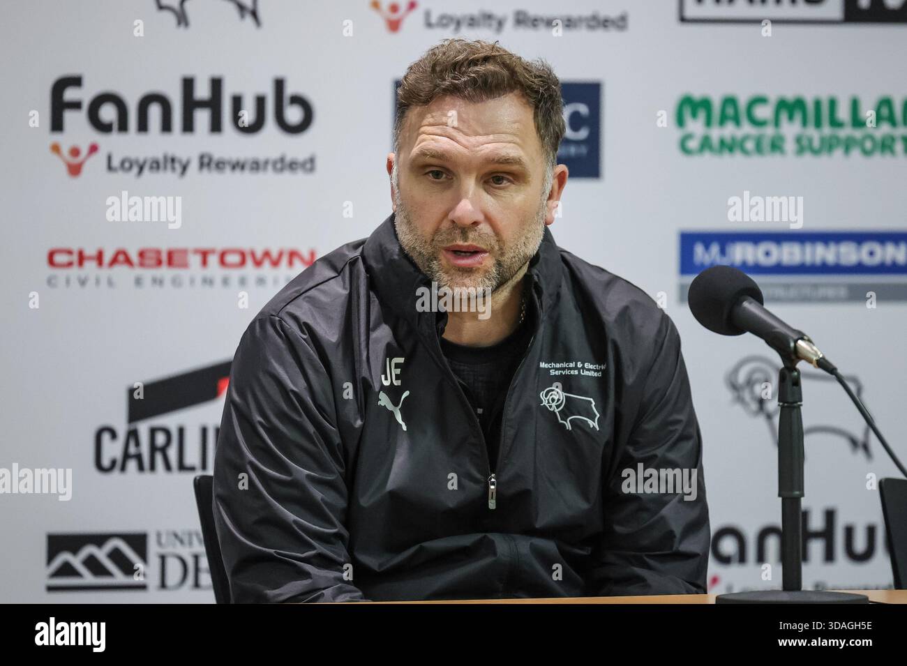 John Eustace manager of Derby County speaks in the post match press ...
