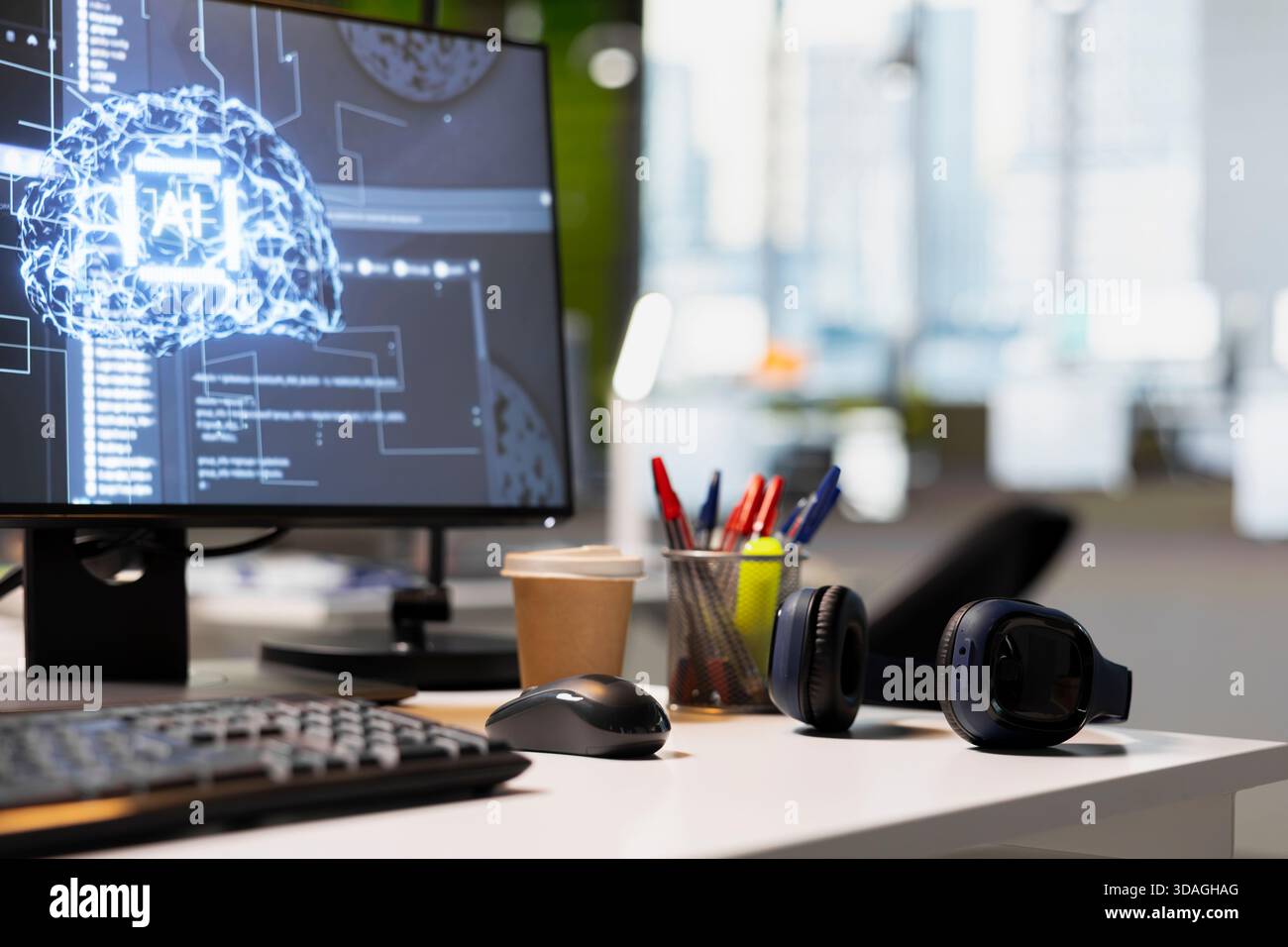 Close up of PC screen in AI startup office desk displaying neural ...