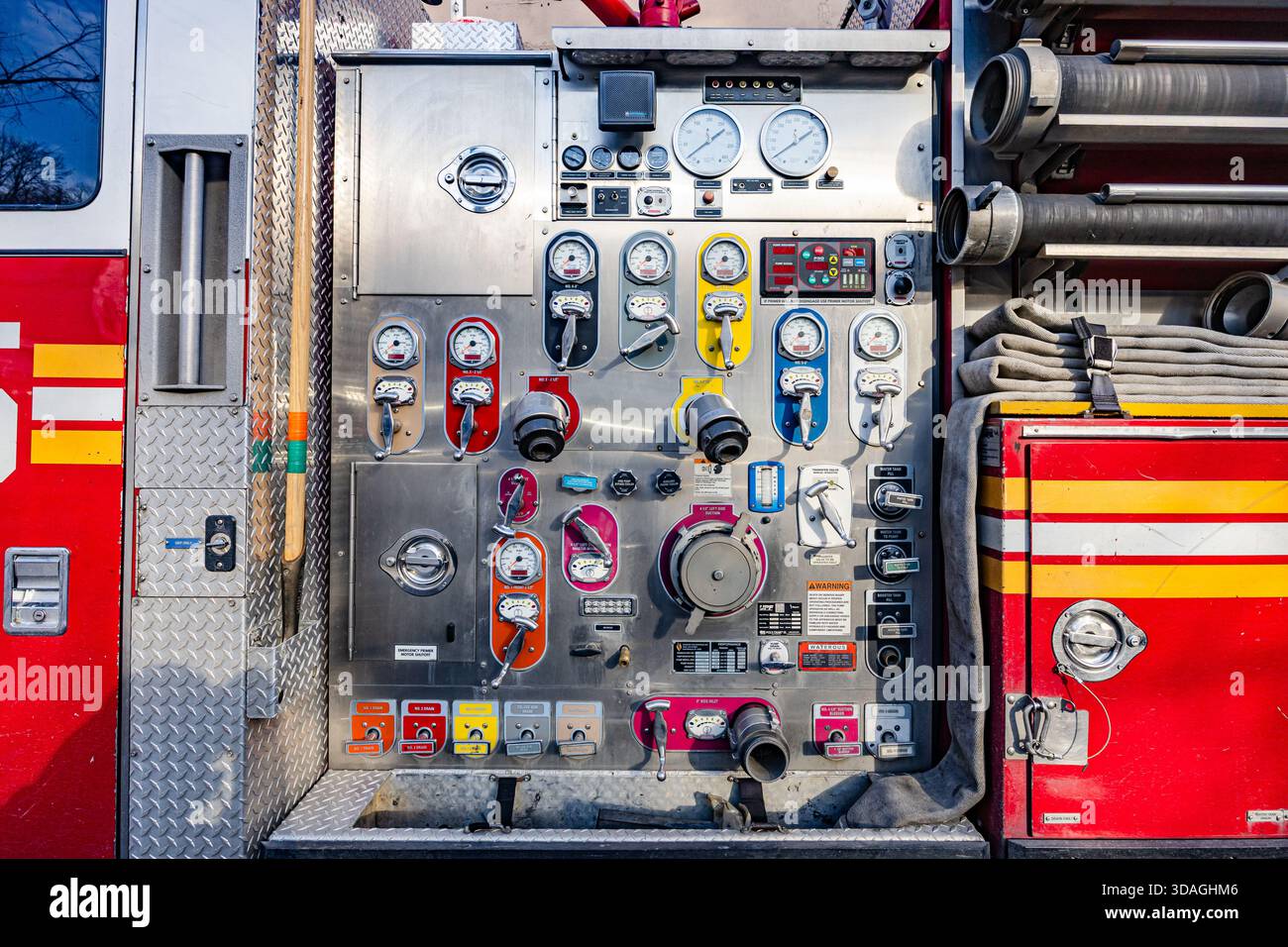 New-York, USA - 6.12.2025: Fdny fire engine pump panel with control ...
