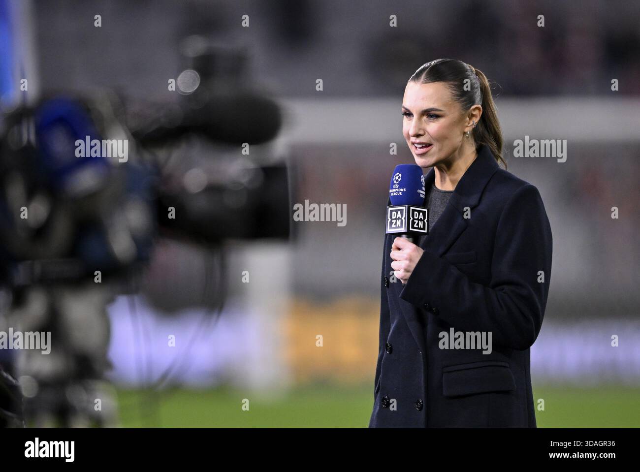 DAZN presenter Laura Wontorra with microphone, logo, Champions League ...