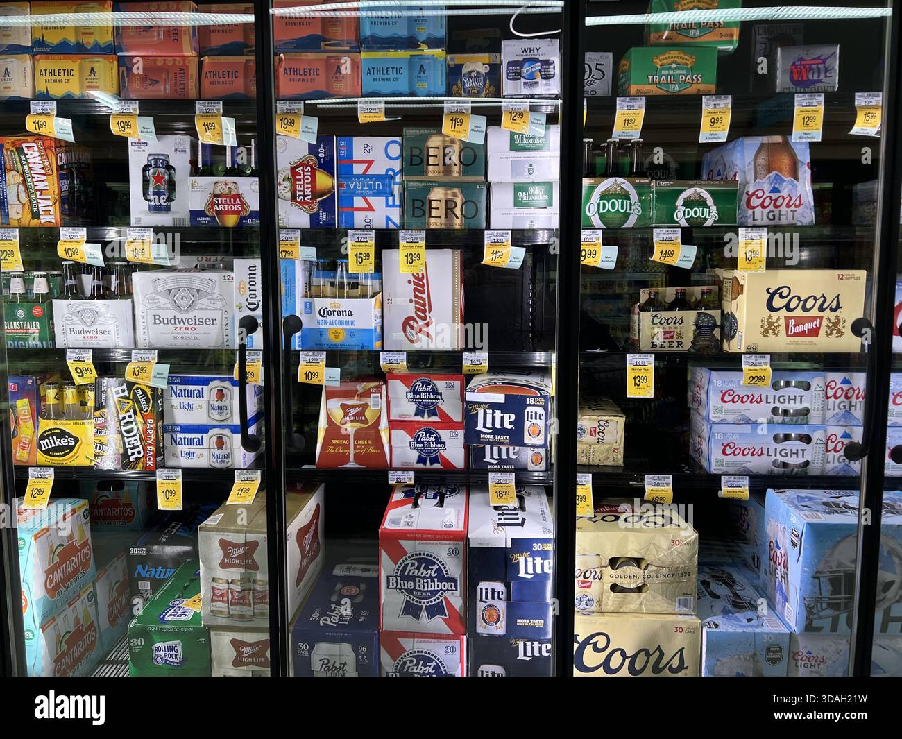Refrigerated beer and non-alcoholic beverage display in a supermarket, Lafayette, California ...