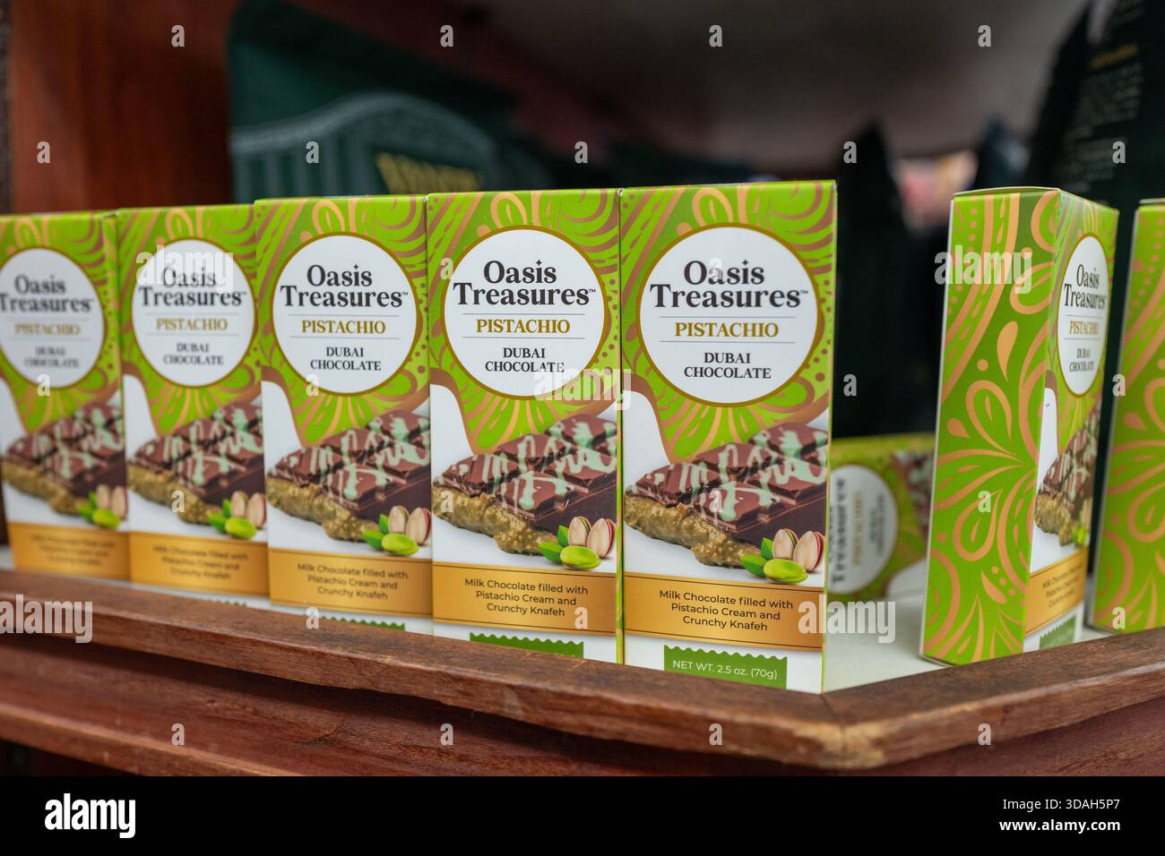 Bars of Oasis Treasures Dubai Chocolate are on display in a supermarket ...