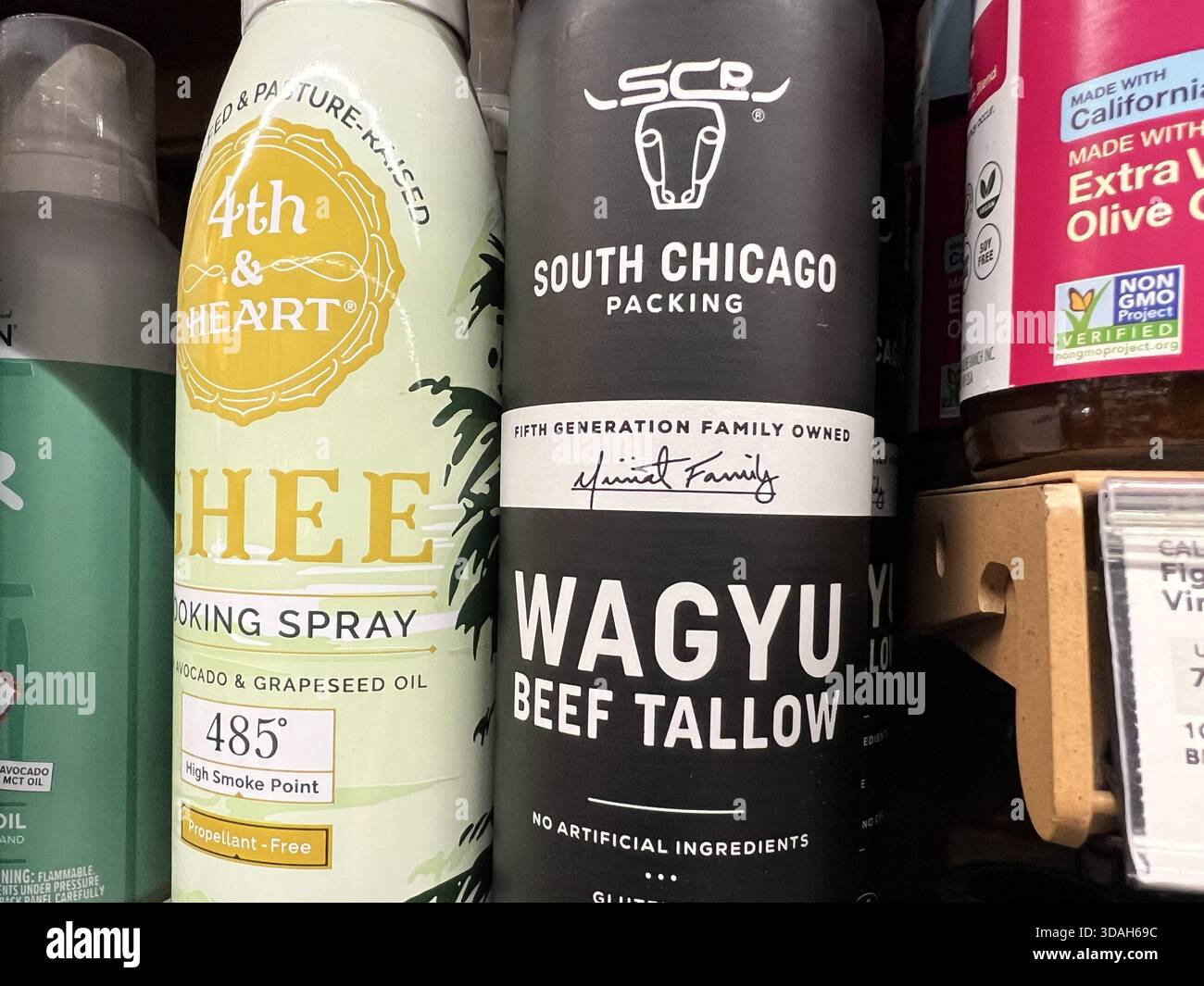 Close-up of Wagyu beef tallow cooking spray products on a grocery shelf ...
