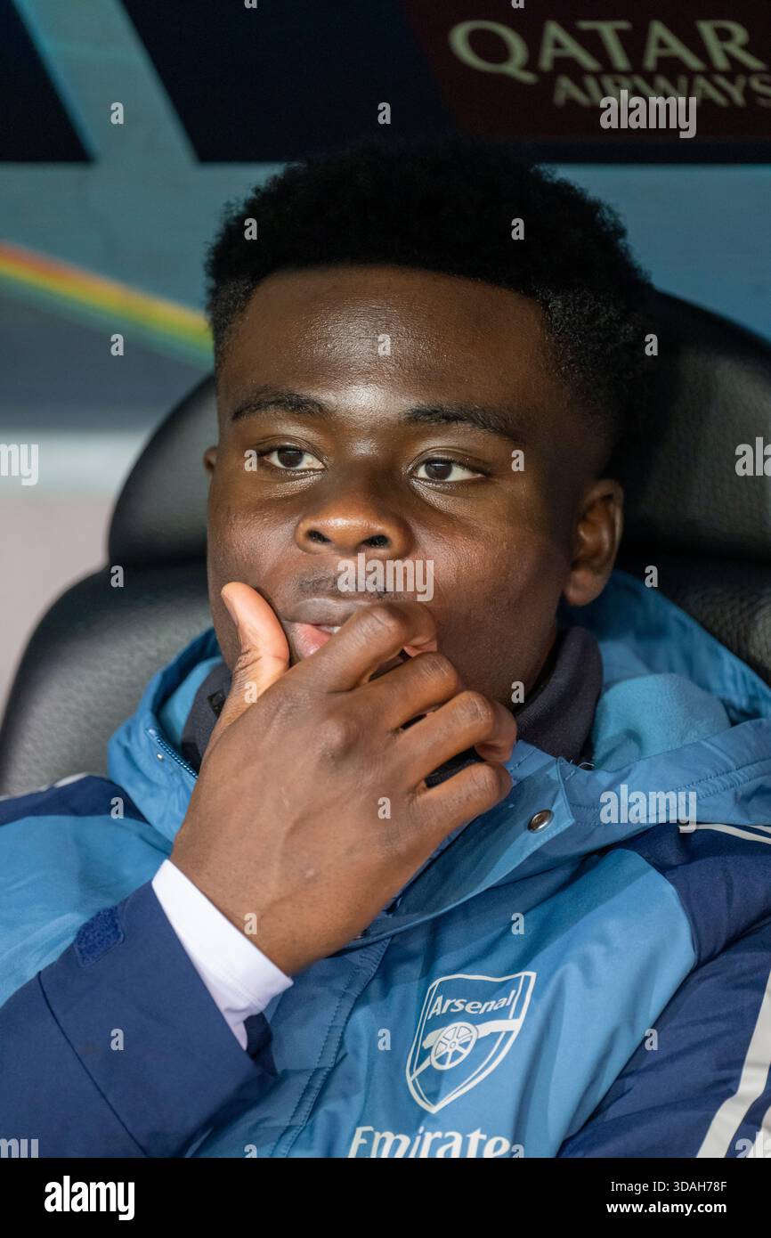Bukayo Saka of Arsenal on the bench during the UEFA Champions League ...