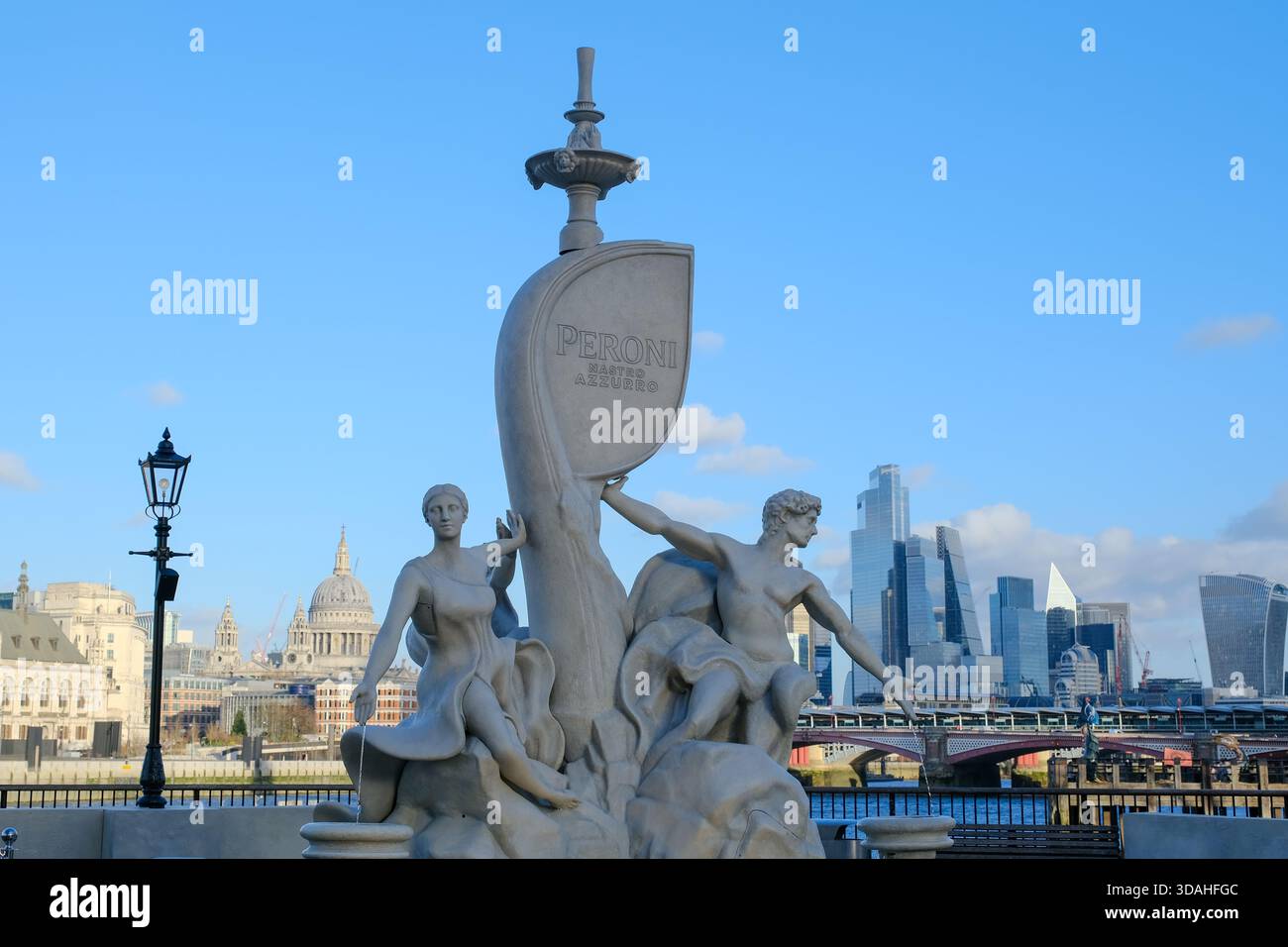 London, UK. 10th December, 2025. A Peroni Nastro Azzurro beer fountain ...
