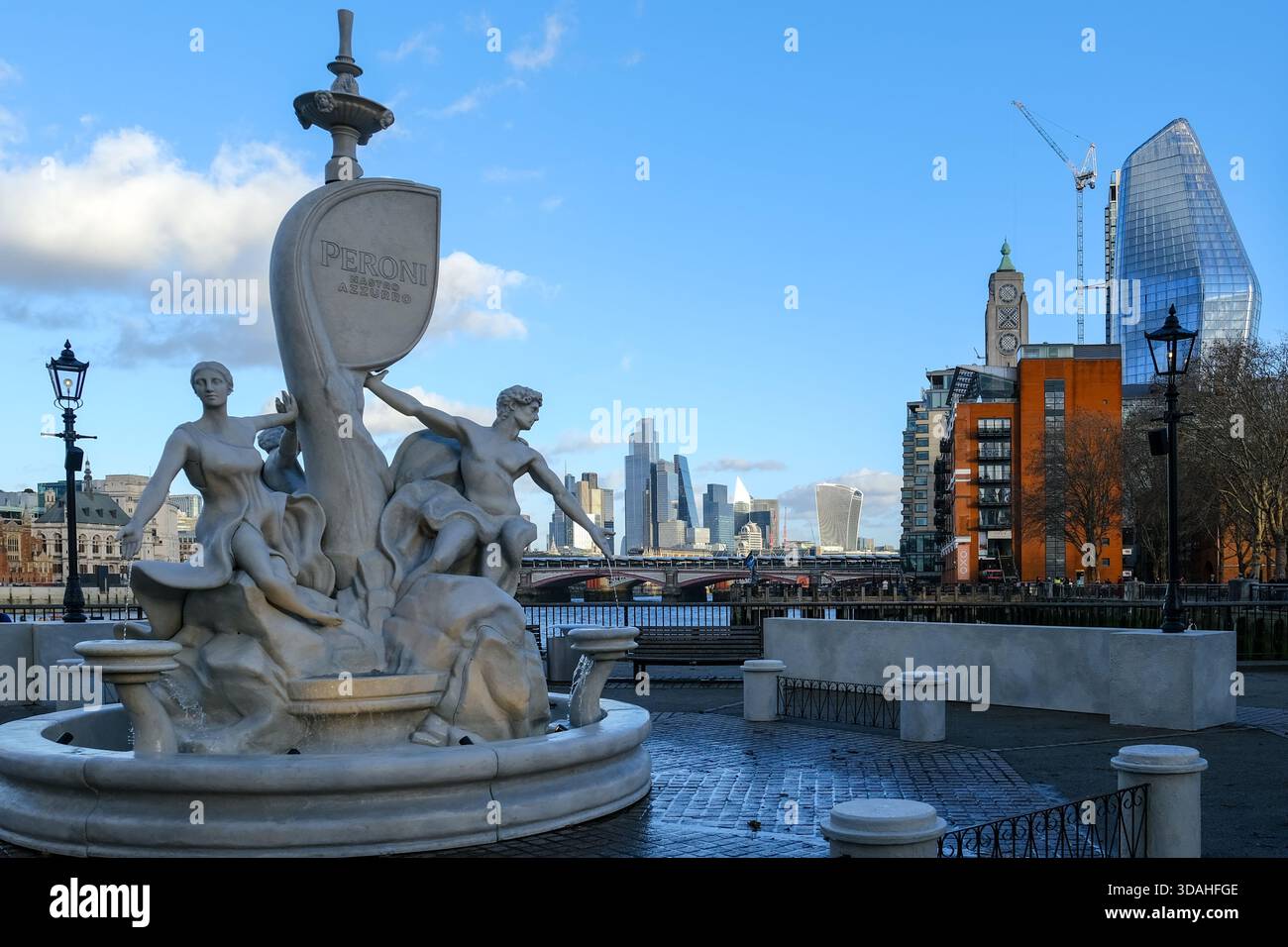 London, UK. 10th December, 2025. A Peroni Nastro Azzurro beer fountain ...