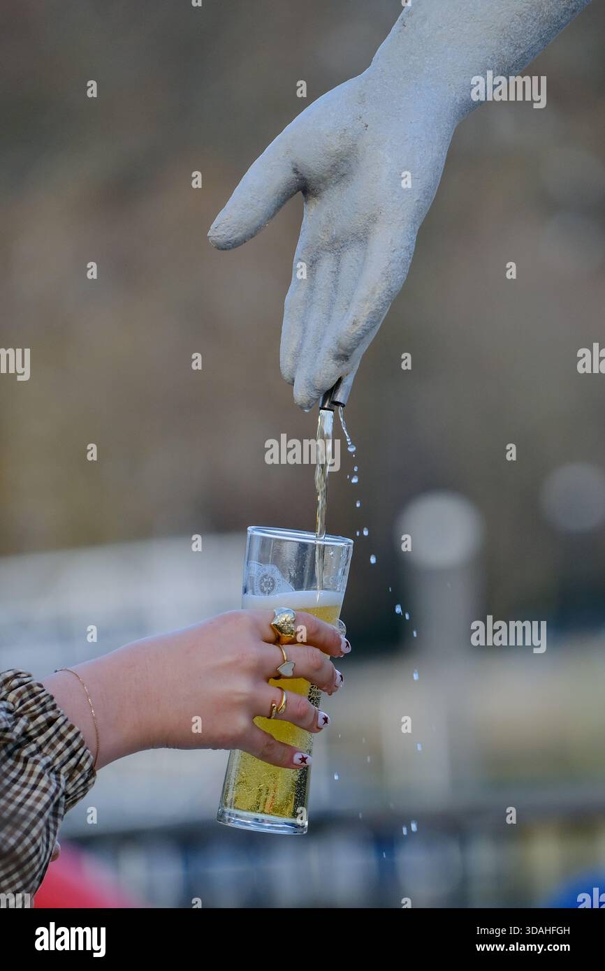 London, UK. 10th December, 2025. A Peroni Nastro Azzurro beer fountain ...