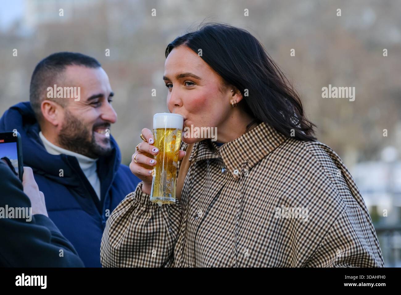 London, UK. 10th December, 2025. A Peroni Nastro Azzurro beer fountain ...
