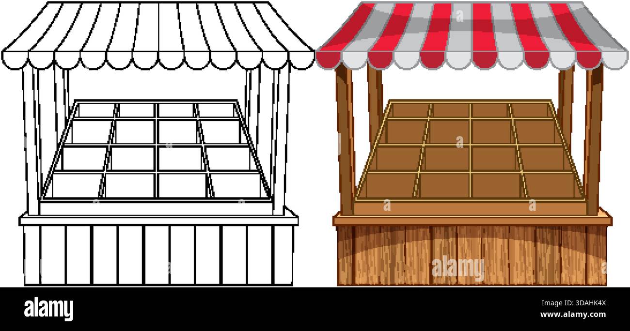 Vector illustration of empty wooden market stall, striped canopy, front ...