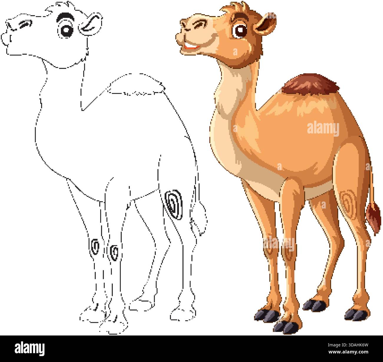 Vector cartoon camel with both black outline and fully colored version ...